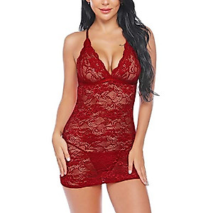 Gladiolus Sexy Womens Lingerie Strap Lace Mini Dress Babydoll Teddy Nightwear Dark Red S