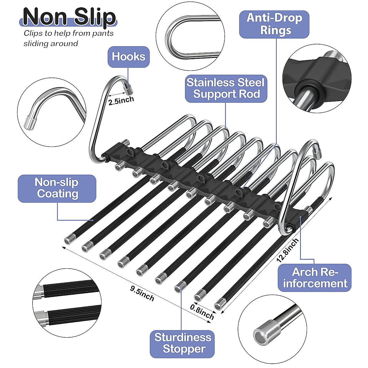 Upgrade 9 Layers Pant Hangers Space Saving, Non Slip Stainless Steel Multifunctional Pants Rack S-Type Clothes Pant Closet Hanger Organizer with Hooks for Pants Jeans Trousers Scarf (4 Pack, Black)