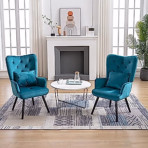 Accent Chairs Set for Living Room- Mid-Century Modern Comfy Reading Chair for Bedroom Adults Armchairs Sillones para Sala Sofa Tall Wingback Arm Chairs Microfiber Cushioned (Teal, 2 Chairs)