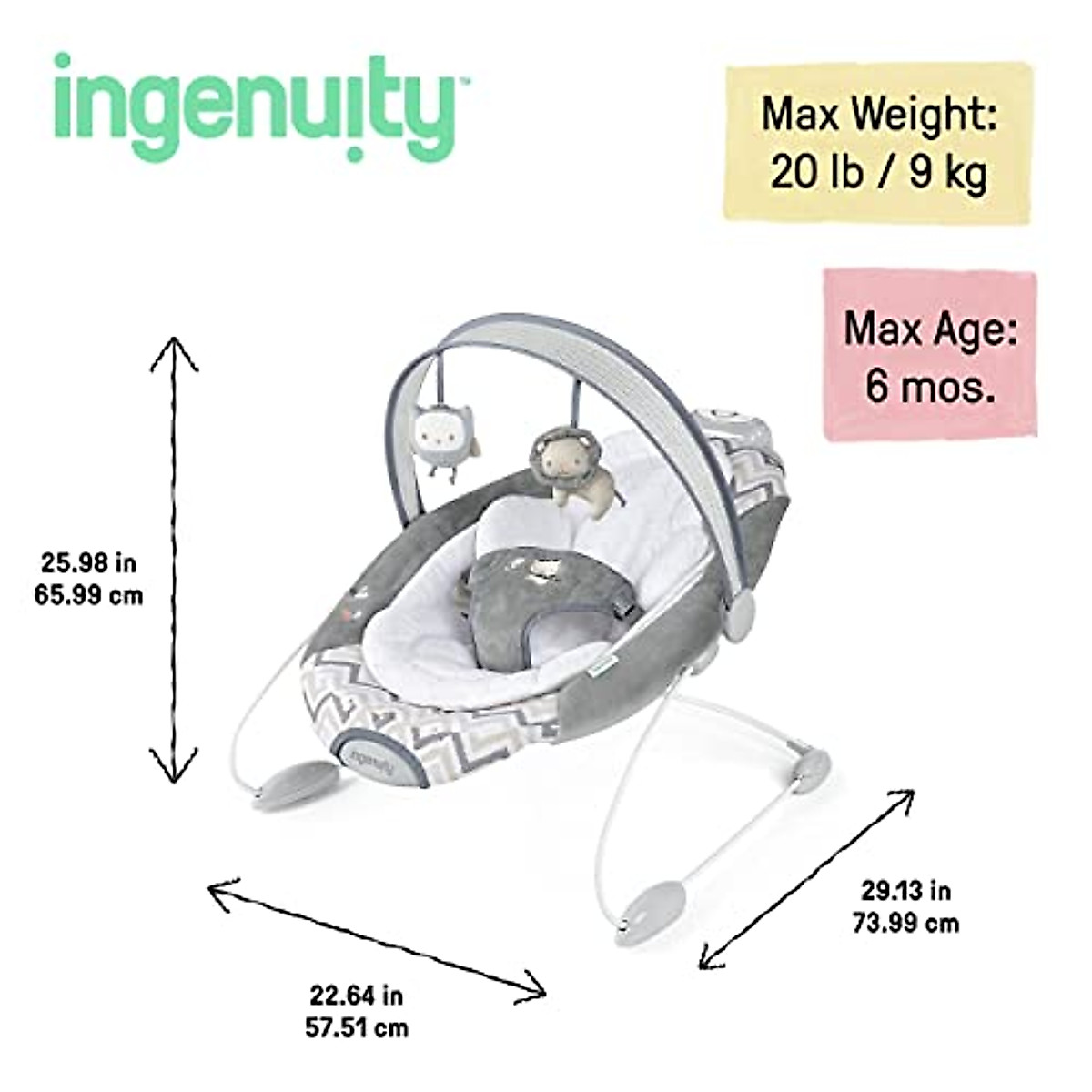 Ingenuity SmartBounce Automatic Baby Bouncer Seat with White Noise, Music, -Toy Bar & 2 Plush Infant Toys, 0-6 Months Up to 20 lbs (Braden)