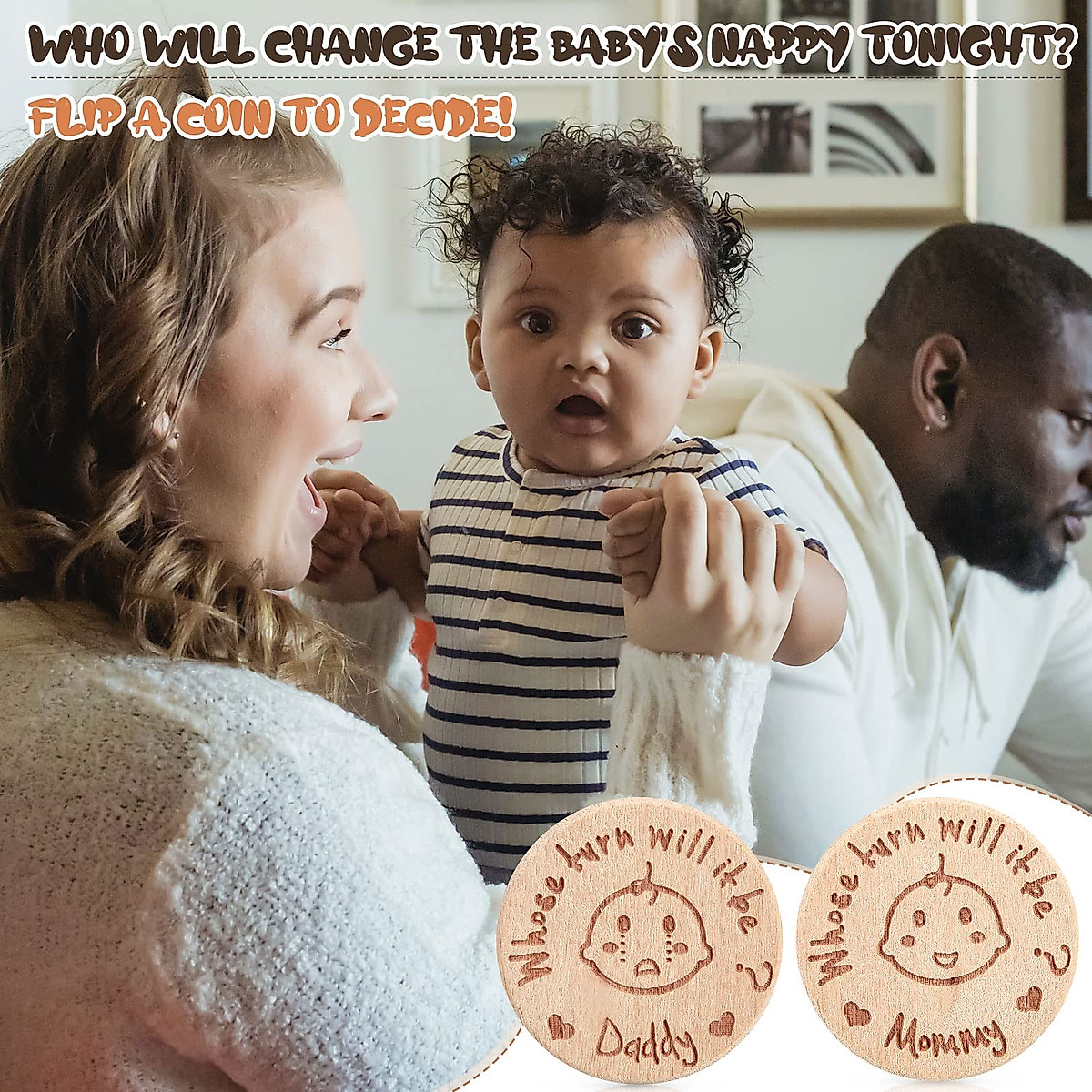 New Parents Gift First Parent Wooden Decision Coin Double Sided Flip Coin Mom Dad Turn Coin with Gift Box Storage Bag for New Mom Dad Pregnancy Baby Shower Birthday Present (Cute Style)