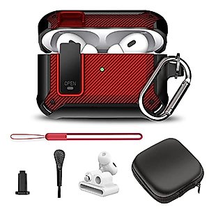 [7in1 Set] for AirPods Pro 2nd Generation Case 2022, with Secure Lock Carbon Fiber Airpod Pro 2 Case for Men Women, Full Body Shockproof Protective Case for AirPods Pro 2nd Generation (2022), Red