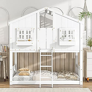 ERYE Twin Over Twin House Bunk Bed with Roof,Window, Window Box and Window Door,Twin Size Wooden Bunk Bed with Safety Guardrails and Ladder for Kids Children Teens Boys and Girls,White