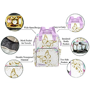 Gold Butterfly Pink Purple Rose Personalized Diaper Backpack with Name,Custom Travel DayPack for Nappy Mommy Nursing Baby Bag One Size