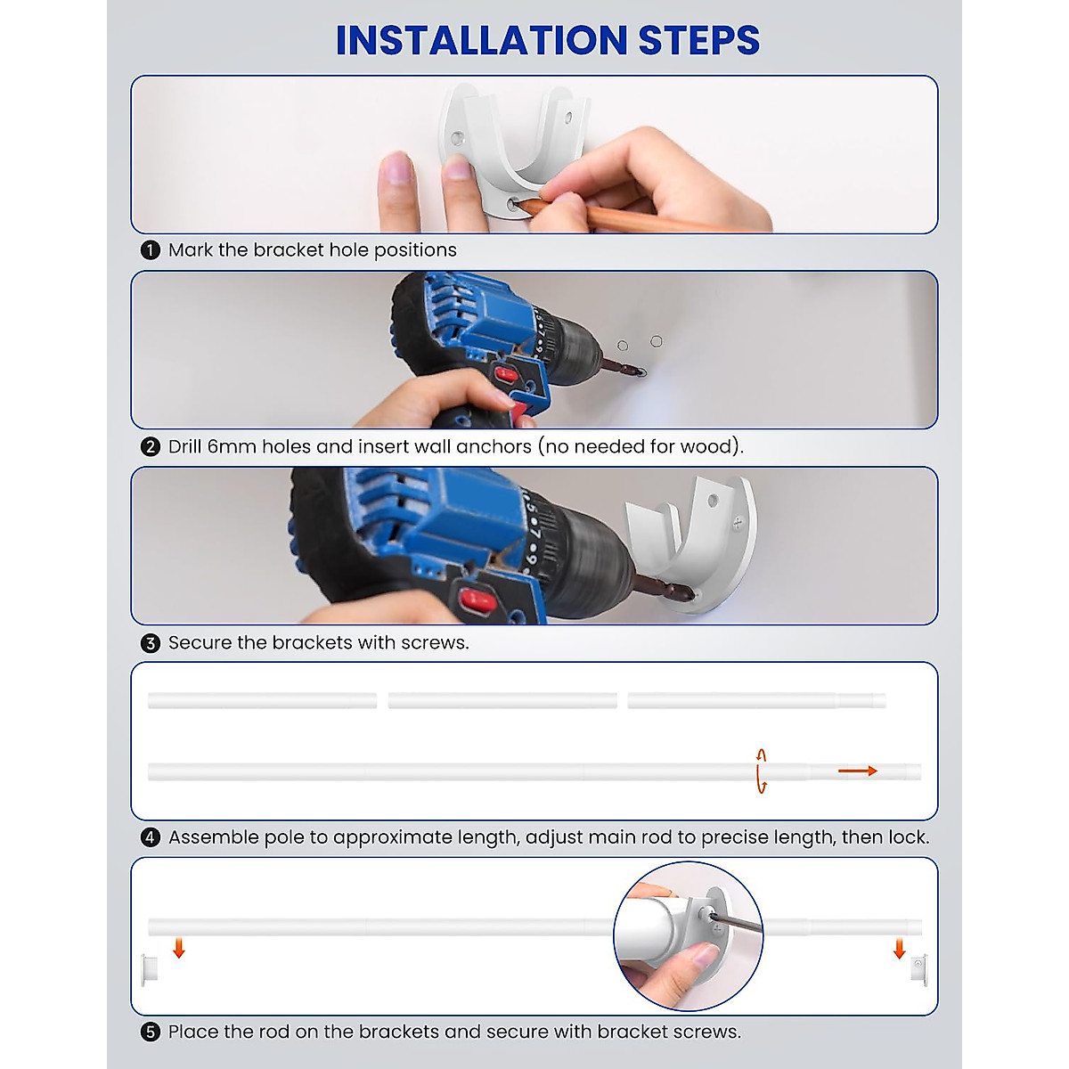 Closet Rods for Hanging Clothes, 17 to 99 Inches Stepless Adjustable Metal Closet Rod, 1.3 Inches Heavy Duty Clothes Hanging Rod for Closet Wardrobes Laundry RV