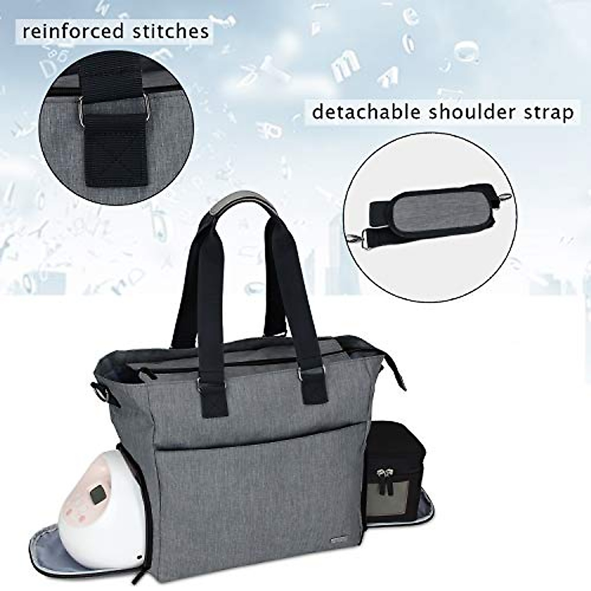 Luxja Breast Pump Tote with Pockets for Laptop and Cooler Bag, Breast Pump Bag for Working Mothers (Fits Most Major Breast Pump), Dark Gray