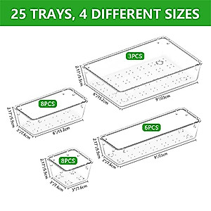 POGEAIR 25Pcs Clear Drawer Organizer Set with Non-Slip Silicone Pads,4 Sizes Plastic Kitchen Drawer Organizers,Storage Bins for Bedroom Dresser,Bathroom,Office,Jewelry,Desk
