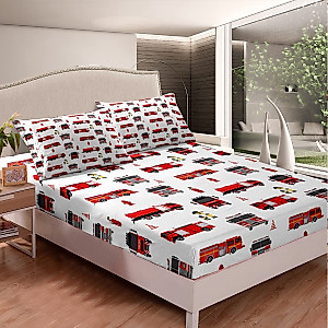 Erosebridal Fire Truck Sheet Set Twin for Boys Teens Girls Firemen Car Vehicle Flat Sheet Kids Youth Firefighter Truck Fitted Sheet Red Fire Fighting Supplies Print Bed Sheet Set with 1 Pillowcase