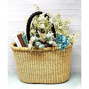 The African Home Goods Ghana Handmade woven Oval Dye Free Picnic shopping Baskets (Natural With Black Handles)