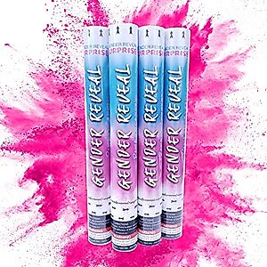 Gender Reveal Surprise Powder Cannons Bundle, 16 Inch, Non-Toxic, 4 Pink Powder Dispensers Plus 8 Free Gender Reveal Party Balloons Decorations