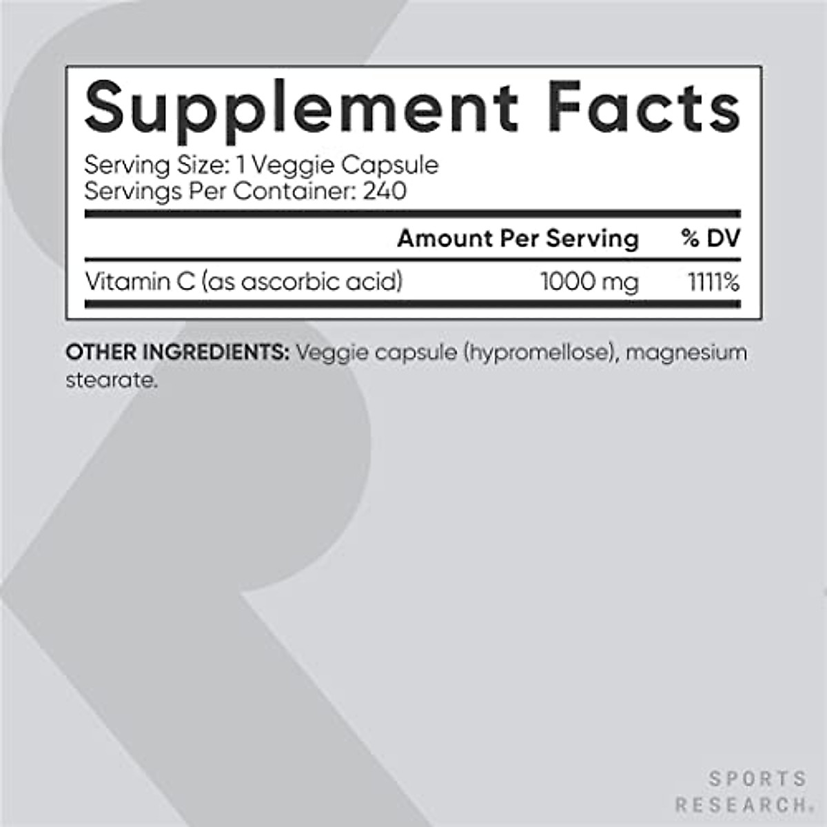Sports Research High Potency Vitamin C Supplement - Vegan Veggie Capsules for Antioxidant Activity & Immune Support - Non-GMO Verified & Gluten Free - Ascorbic Acid Vitamin C 1000mg, 240 Count