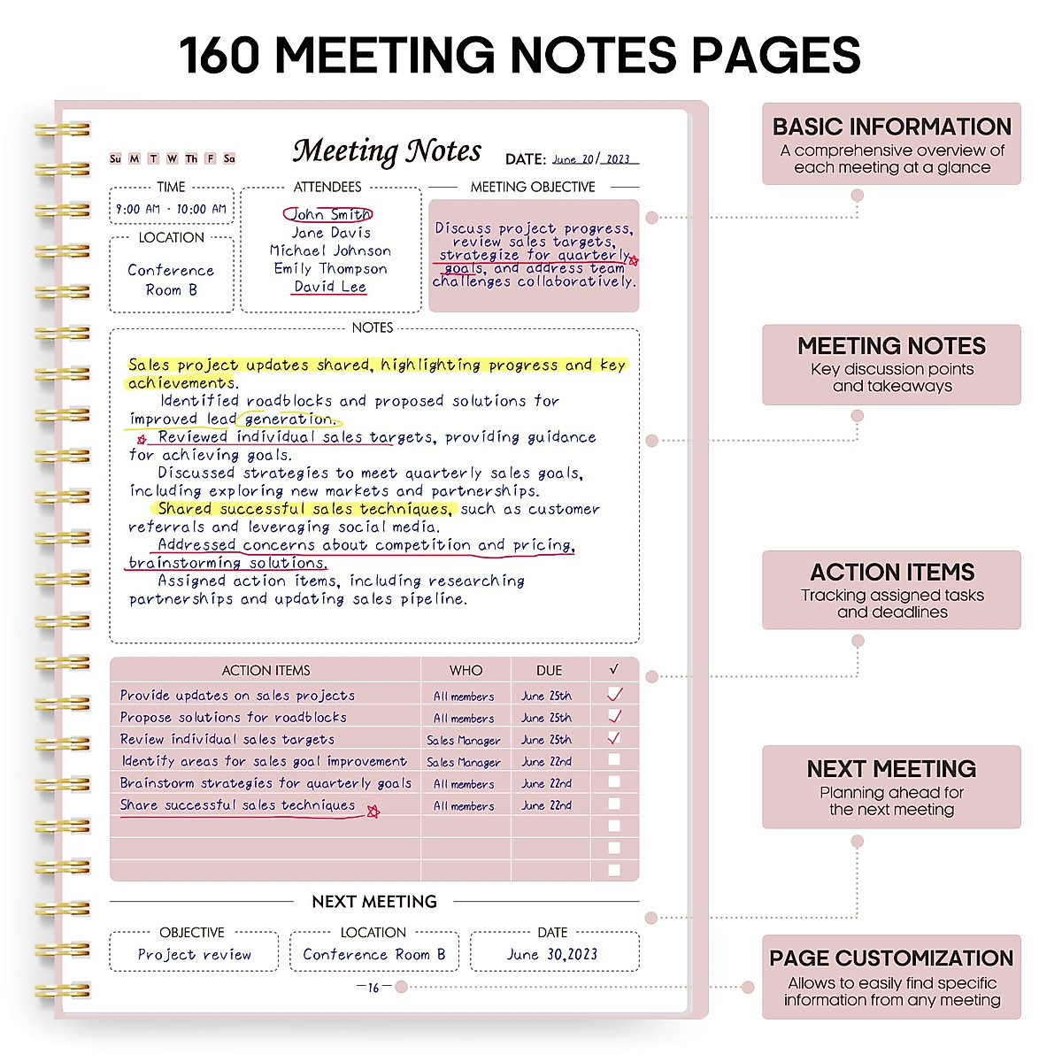 Meeting Notebook For Work Organization - Work Planner Notebook With Action Items, Agenda Planner For Note Taking, 160Pages (6.9" X 9.9") Project Planner For Men & Women - Pink