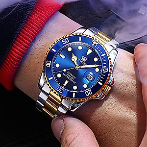 OLEVS Automatic Watches for Men Large Face Stainless Steel Wrist Watch Blue Classic Luxury Men's Self Winding Watches Silver Gold Tone Date Waterproof Mens Mechanical Watches Relojes para Hombres