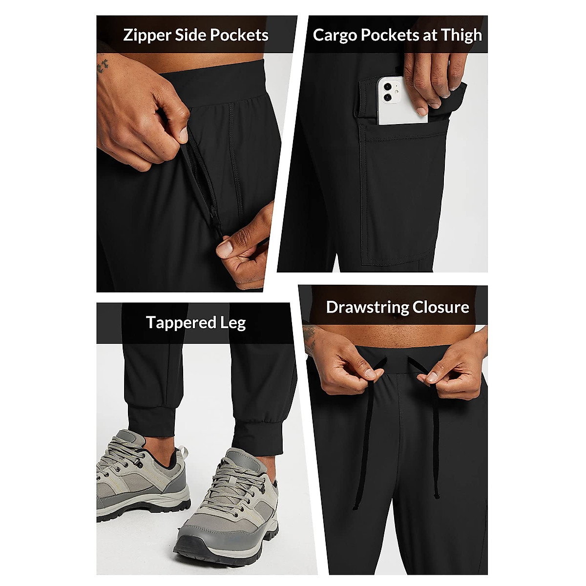 BALEAF Men's Lightweight Joggers Quick Dry Cargo Pants UPF 50+ Stretch Jogger Pants Hiking Outdoor Running Track Workout Black L