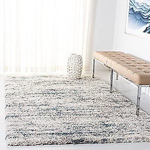 SAFAVIEH Fontana Shag Collection 6'7" x 9' Ivory / Teal FNT873A Modern Non-Shedding Living Room Bedroom Dining Room Entryway Plush 2-inch Thick Area Rug