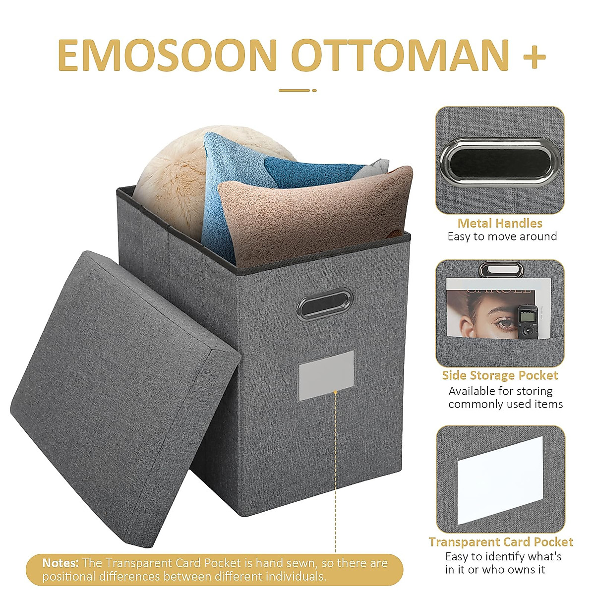 Emosoon Tall Ottoman with Storage Collapsible Fabric Small Slim Folding Ottoman Furniture with Handles Lid Ottoman for Room Footrest Foot Stool Linen Grey 16.5x16.5x11.8in