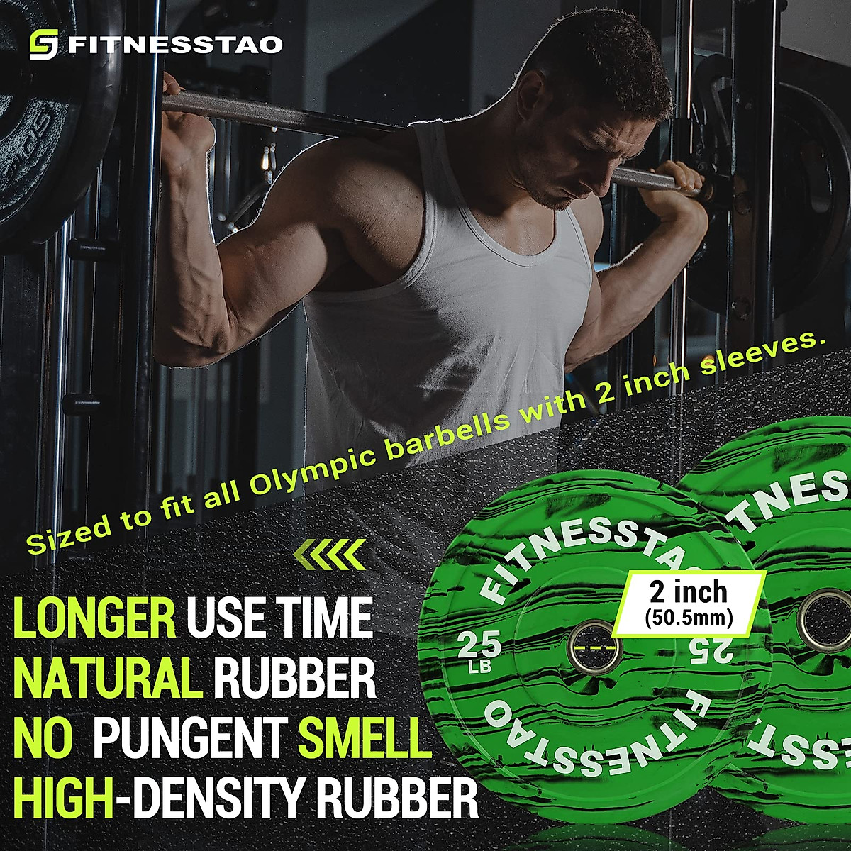 FITNESSTAO Olympic Bumper Plates, 10LB-45LB Rubber Weight Plates with 2" Stainless Steel Hub, Barbells Weight Plates for Weightlifting, Strength Training, Muscle Toning, Crossfit in Home & Gym 25LB-1