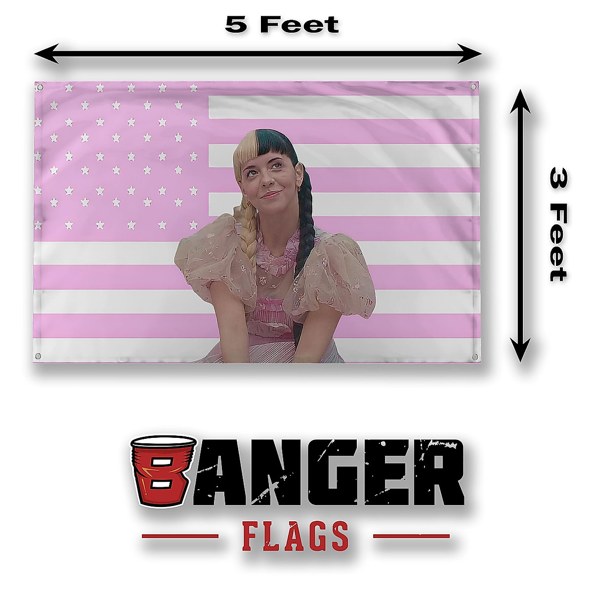 Banger - Melanie Martinez Pink American USA Flag Cry Baby Crybabies Pop Artist Motivational Inspirational Office Gym Wall Dorm Decor Design on a 3X5 Feet Flag with 4 Grommets for Easy Wall Hanging. Authentic BANGER FLAG
