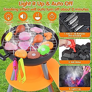 Kids Toy BBQ Grill Playsets, Play Kitchen Barbecue Grill with Pretend Smoke,Light,Sound & Color-Changing Play Food, Cooking Toy Set, Camping Outdoor Toys for Kids Ages 4-8 3-5 Boy Girl Gift