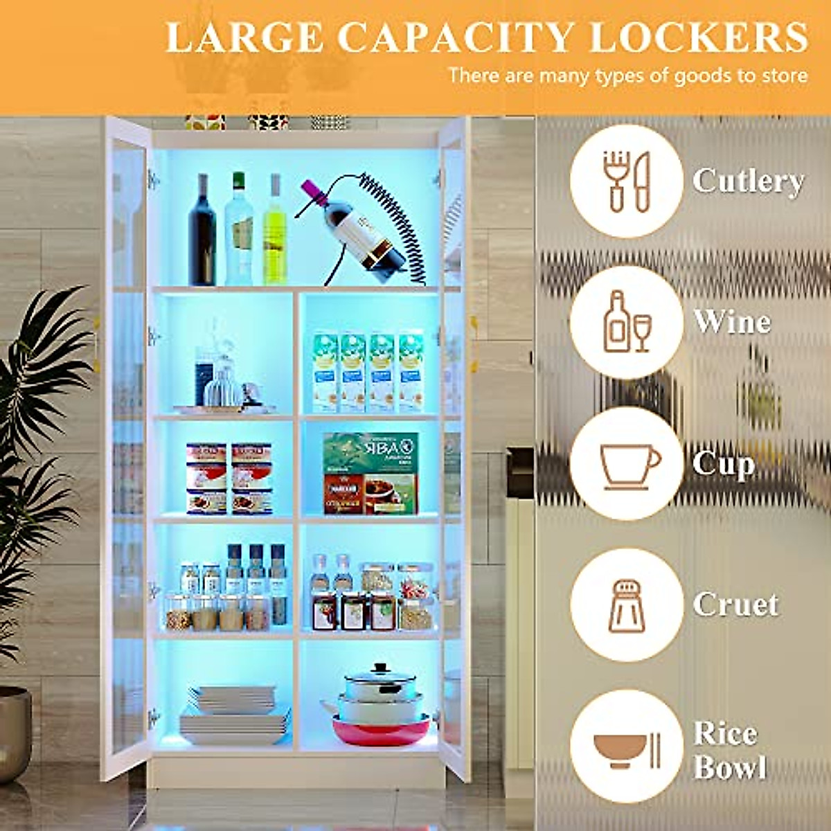 Dystler White Storage Cabinets Locker with 3 Color LED Lights,Modern Storage with Human Body Sensor Functionwardrobe Closet for Bedroom