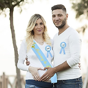 CoolerthingsDG, 3pcs, with gold Letters,Baby Shower Button New Dad Gifts Gender Reveals Party Baby Boy White and Blue Rosette Button Baby Celebration ( Blue footprint)