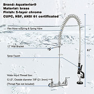 Aquaterior 41" Height Commercial Kitchen Sink Faucet Pre-Rinse Wall-Mount Faucet Double Handle Brass with Pull Down Fit for 2/3 Compartment Sink CUPC NSF ANSI CEC