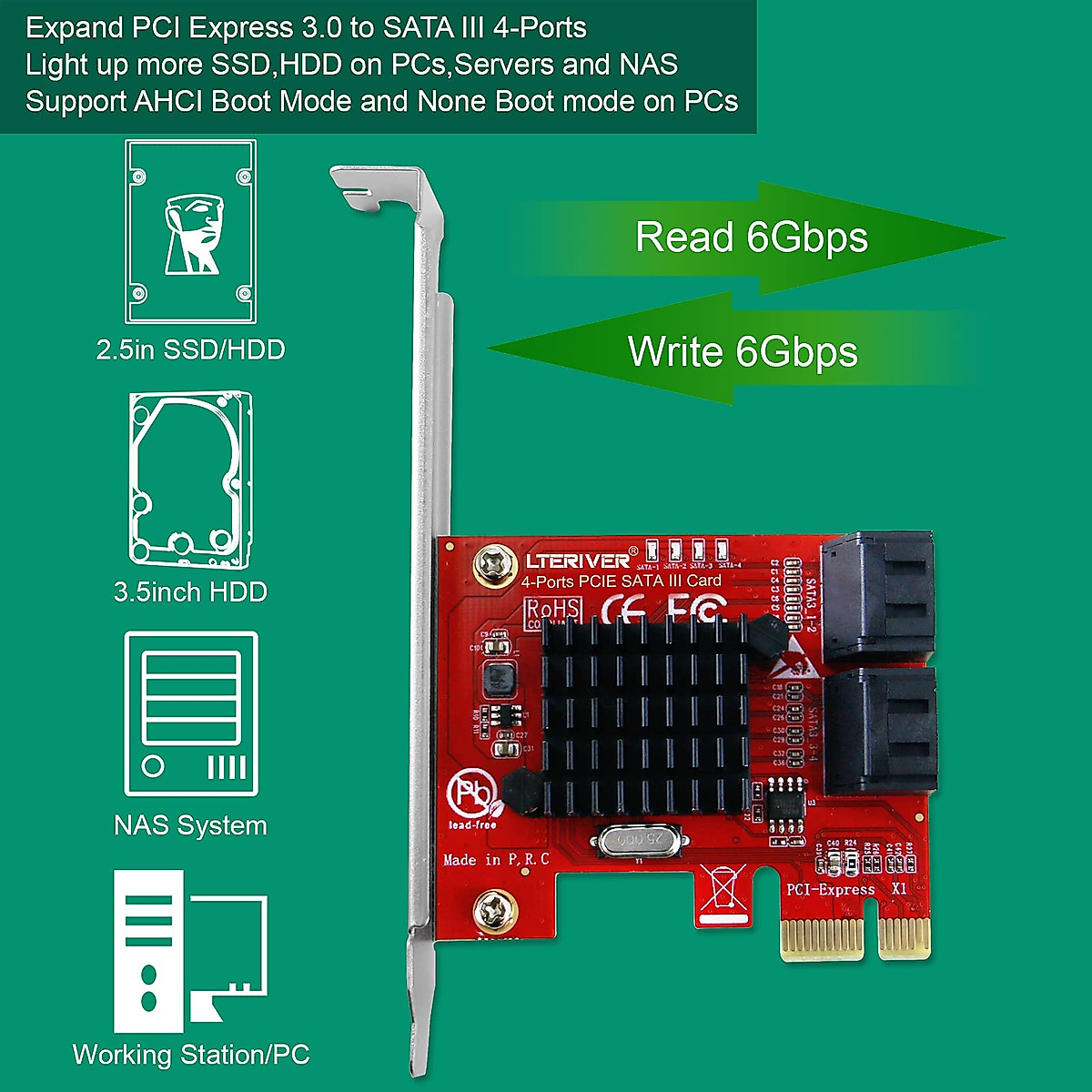 LTERIVER PCIE to 4-Ports 6Gbps SATA III Card for Windows Server, XP, 7, 8.0, 8.1, 10, 11(32/64), MAC OS and Linux Desktop PCs-4X 6Gbps Max SATA 3.0 None Raid Ports-Support AHCI Boot Up (PCE-G2S4)