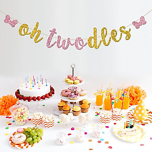 INNORU Oh Twodles Banner - Happy 2nd Birthday Party Decor for Girls - Cartoon Mouse Theme 2nd Birthday Party Decorations Supplies, Pink & Gold Glitter