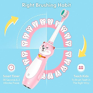DADA-TECH Kids Electric Toothbrush Rechargeable, Sonic Silicone Teeth Brush with Timer for Children Boys Girls Ages 3+, 3 Modes with Memory, 4 Soft Brush Heads (Pink Shiba Inu Dog)