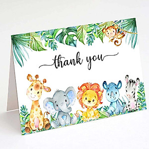 Buerhanerry 50 Safari Animals Thank you Cards, Jungle Animals Thank You Notes, 4x6 Safari Thank you Cards for Baby Shower, Wild One, Birhtday Party