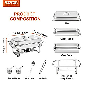VEVOR Chafing Dish Buffet Set, 8 Qt 4 Pack, Stainless Chafer w/ 4 Full Size Pans, Rectangle Catering Warmer Server w/Lid Water Pan Folding Stand Fuel Tray Holder Spoon Clip, at Least 8 People Each