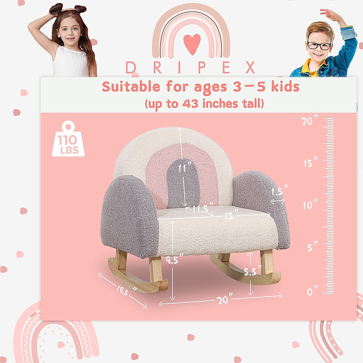 Dripex Childrens Rocking Chair, Upholstered Child Rocker, Kids Rocking Armchair with Solid Wood Legs, Kid Sofa Chair for Nursery, Playroom, Bedroom and Living Room (Pink)