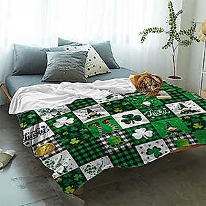 Green Buffalo Plaid Clover Soft Fleece Throw Blankets for Couch, Saint Patrick Microfiber Bed Blanket, St. Patrick's Day Gnome, 40x50inch Flannel Blanket Cover for Sofa Travel, for All Seasons