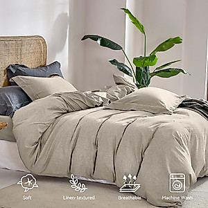 JELLYMONI 100% Washed Cotton 3 Pieces Cream Grey Duvet Cover King Size - Linen Like Textured Breathable Comforter Cover with Pillow Shams (Cream Grey, 104"x90")