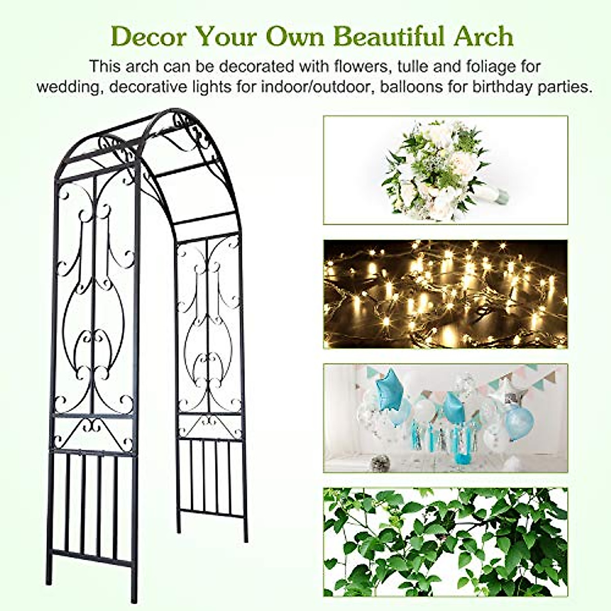 Garden Arches and Arbors Outdoor Black Metal Arbor for Climbing Plants Vines Roses Wedding Archway