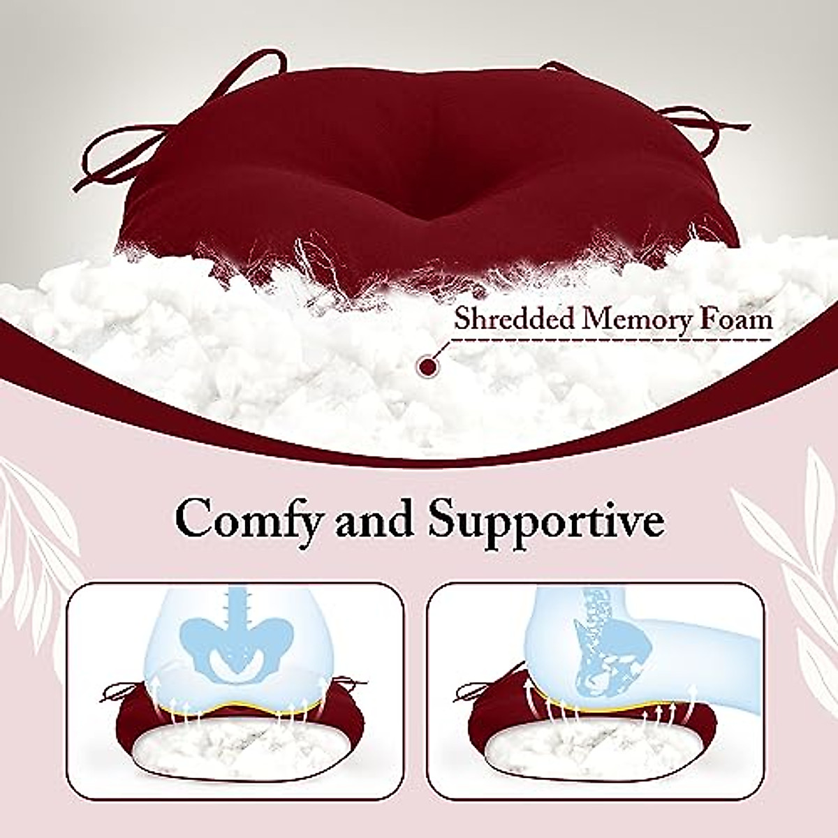 LOVTEX Memory Foam Outdoor Chair Cushions, 2 Pack, Round, 15 Inch, Dark Red, Waterproof, with Ties