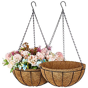 ZeeDix 2Packs 14in Metal Hanging Planter Basket with Coconut Coir Liner- Coconut Coir Liner with Black Chain for Porch Pots Hanger, Indoor Outdoor Plant Flower Pot, Garden Decorations