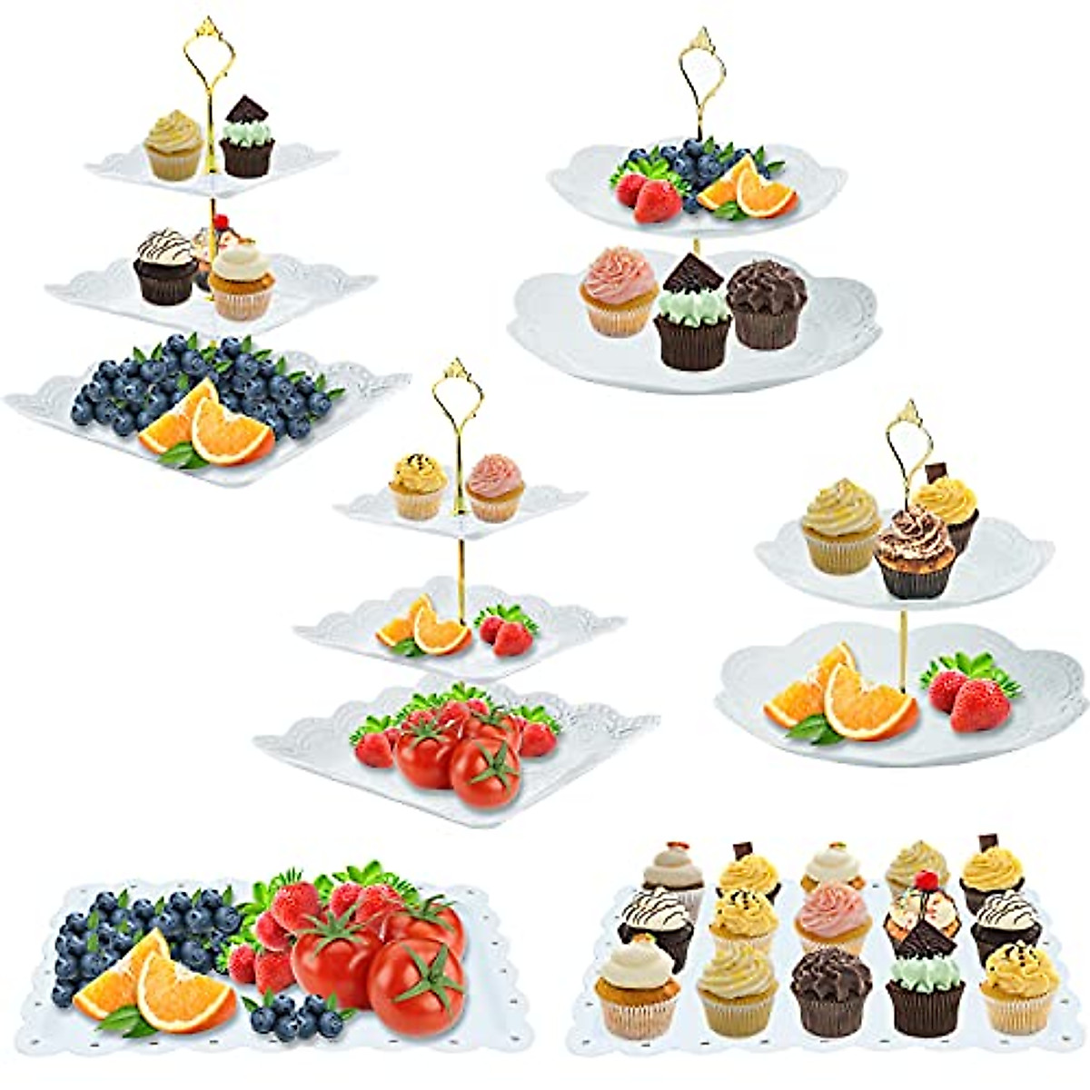 6 Set Cupcake Stand Dessert Stand 3 Tier Cake Stand White Plastic Party Cupcake Holder Tiered Candy Dessert Display Plates Serving Tray Table Decor for Baby Shower Wedding Birthday Celebration