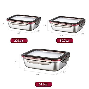 ATRDTO 3Pieces Stainless Steel Food Storage Container with Lids Airtight Metal Food Containers Stackable Meal Prep Leftover Containers for Freezer Fridge Oven Dishwasher Safe 20oz/50oz/64oz