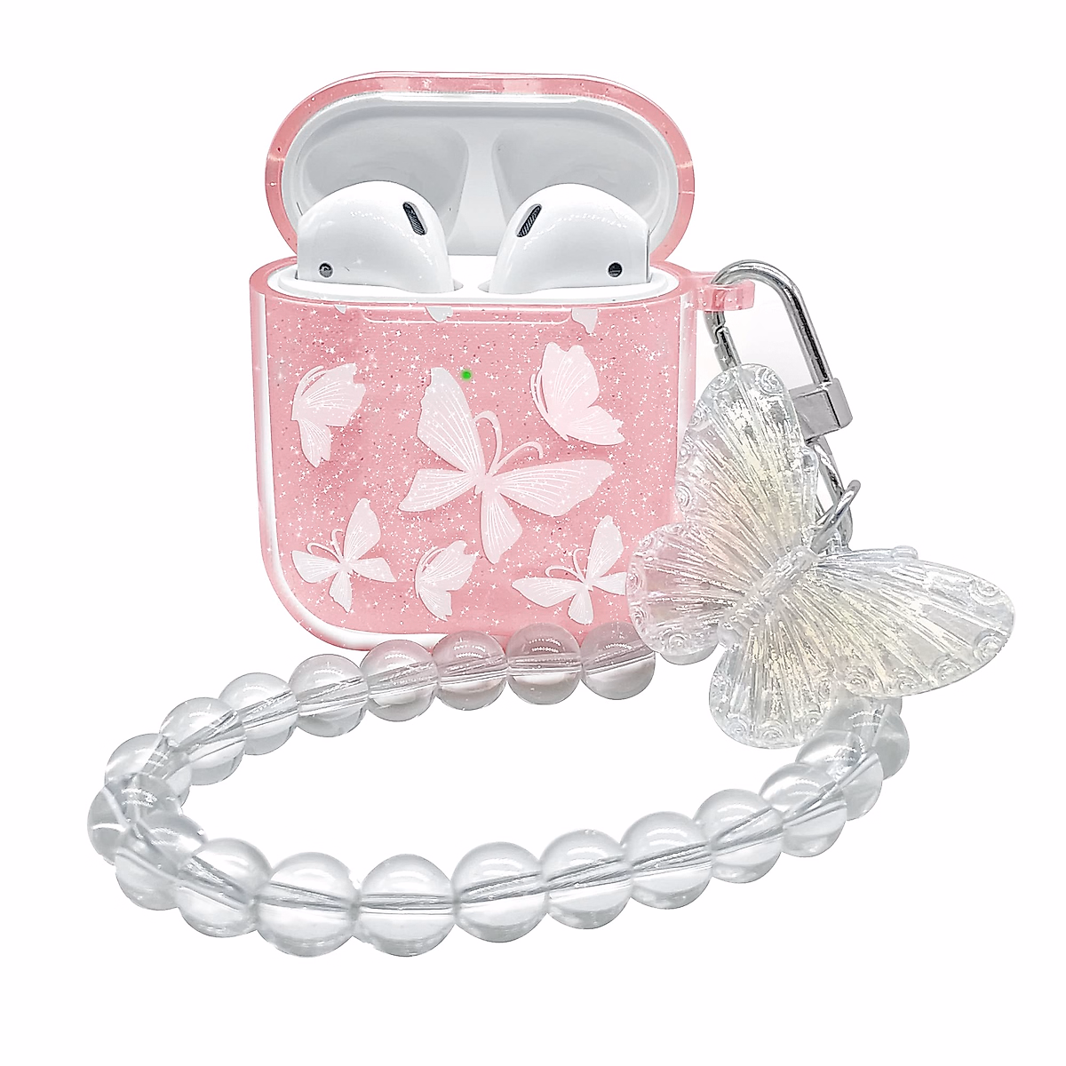 Srddty Compatible with AirPods Case Cute Clear Glitter, Shockproof Soft TPU Protective Airpod Case Cover for Girls Women with Keychain for AirPods 1st & 2nd Generation, Pink Butterfly