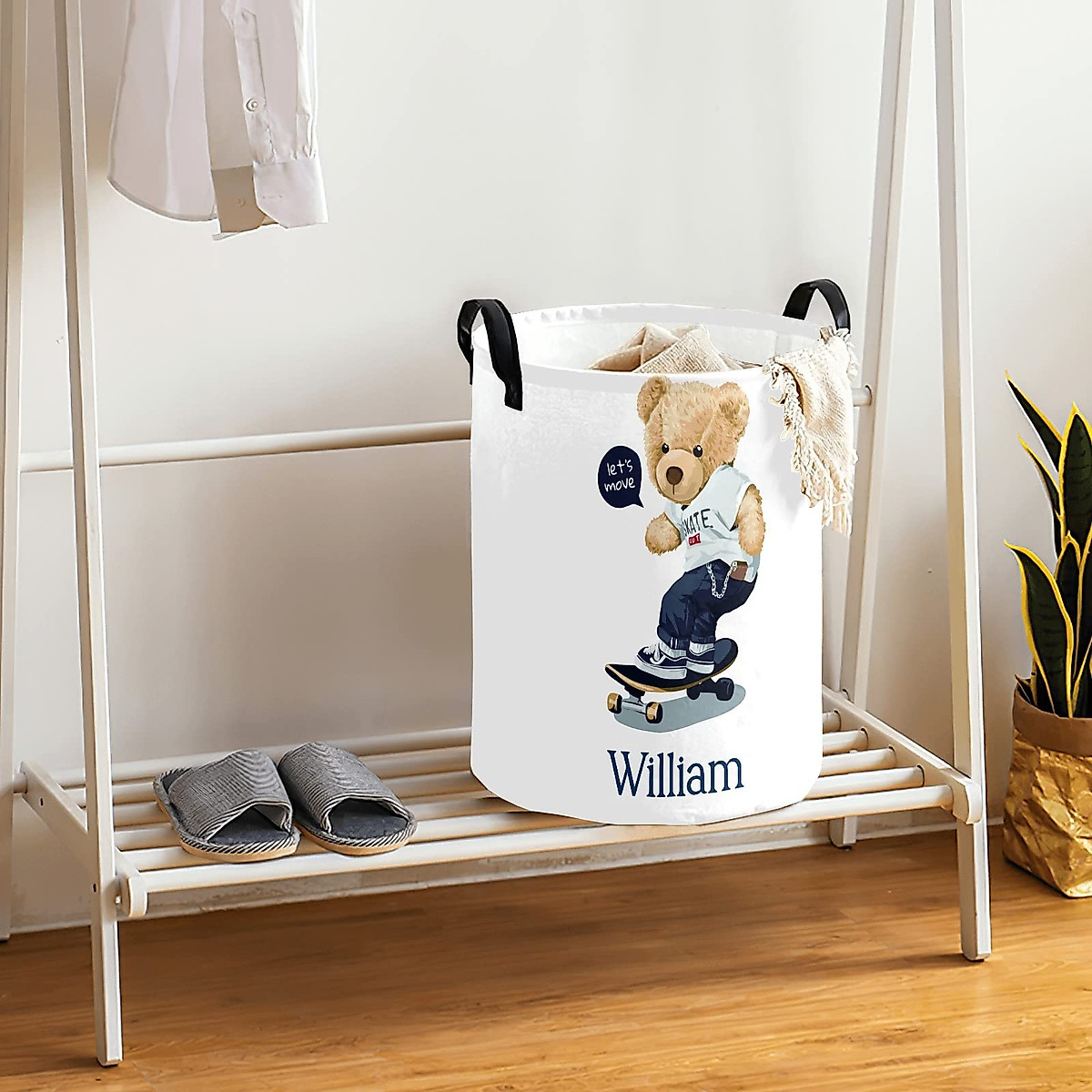 Grandkli Bear Personalized Freestanding Laundry Hamper, Custom Waterproof Collapsible Drawstring Basket Storage Bins with Handle 50cm x 36cm