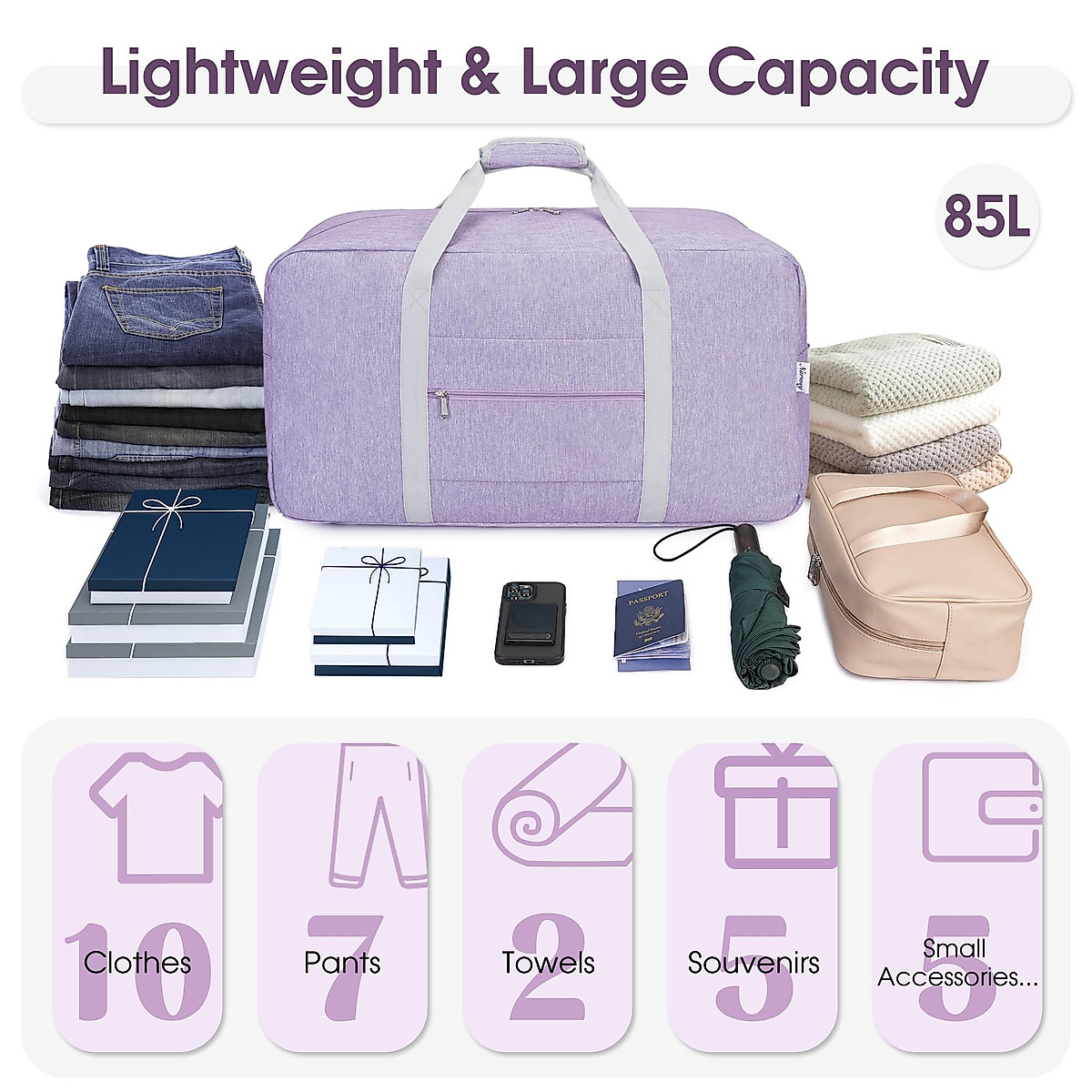 Extra Large Travel Duffel Bag Foldable Weekender Packable Lightweight Luggage Bag Overnight for Women and Men 85L (Purple (With Shoulder Strap))