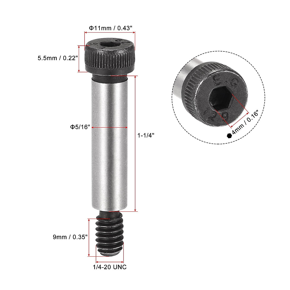 uxcell Alloy Steel Hexagon Socket Head Shoulder Screws Bolts, 1-1/4" Shoulder Length, 5/16" Shoulder Dia, 1/4-20 Thread, 4pcs