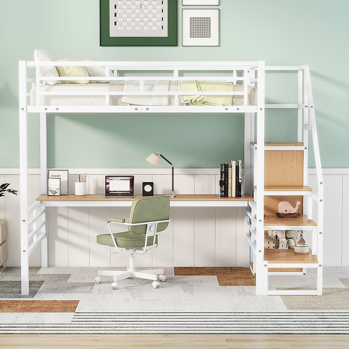 Full Size Loft Bed with Desk and Stairs Metal Loft Bed with Storage Wardrobe and Shelves, Heavy-Duty High Loft Bed for Kids Teens Adults, White