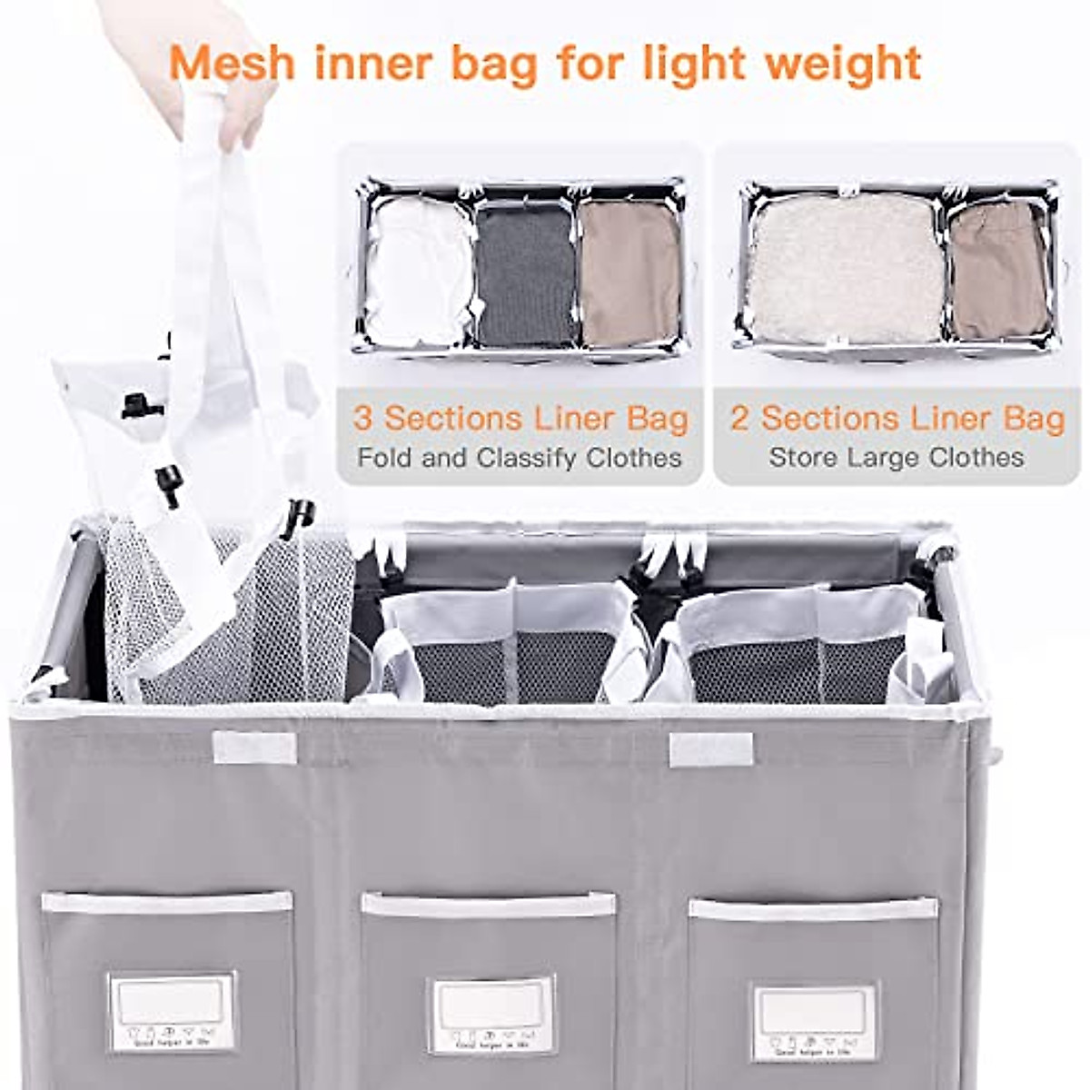 TECHMILLY 3 Section Large Laundry Basket, 140L Laundry Hamper with Lid，Waterproof Durable Clothes Hamper with 4 Removable Bags and 3 labels for Bathroom, Bedroom, Dorm, (Grey)