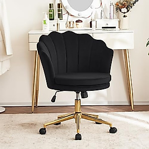 Furnimart Black Home Office Chair with Wheels Upholstered Comfy Velvet Desk Chair Stool, Cute Adjustable Swivel Modern Seashell Back Vanity Chair for Living Room, Bedroom, Office (Black)