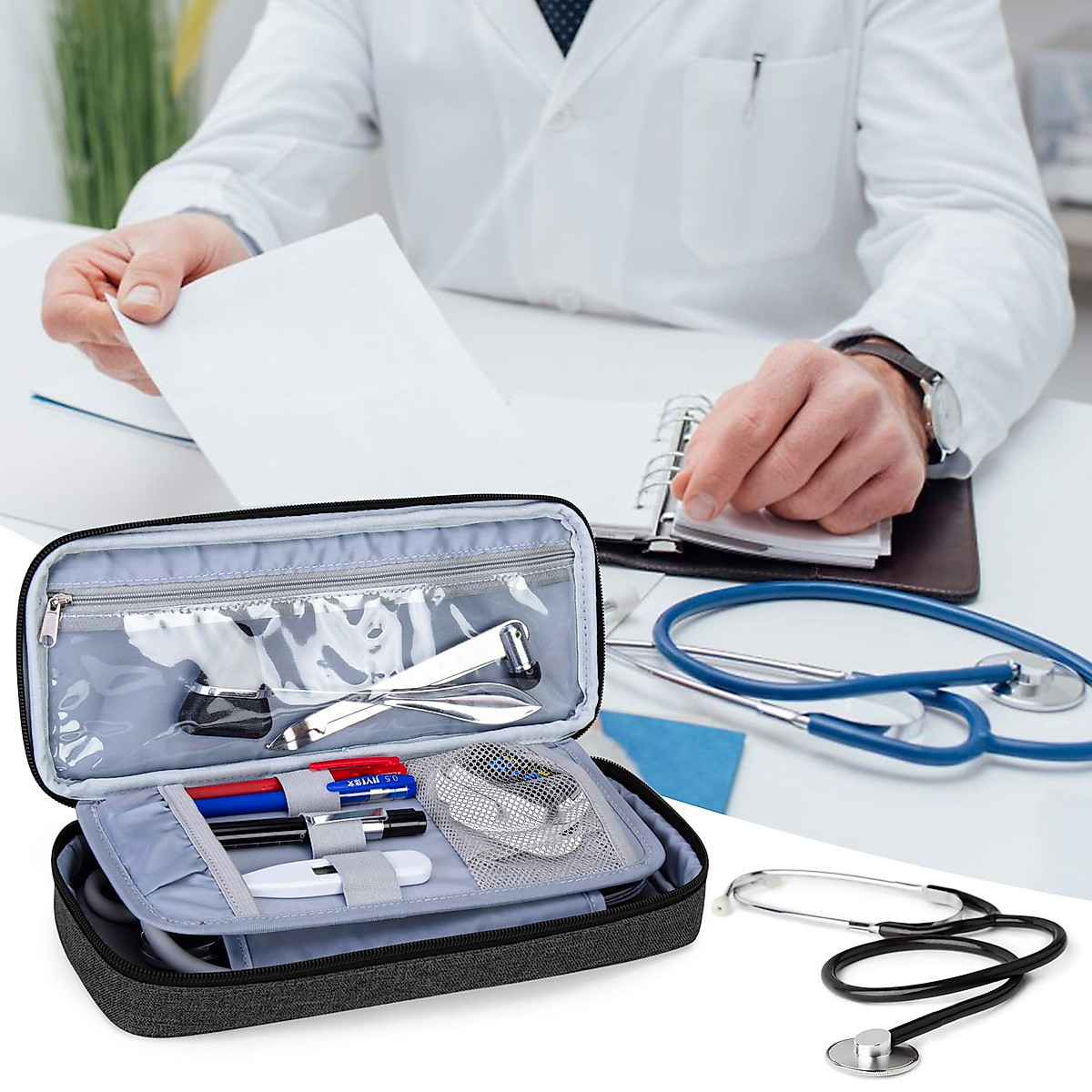 Trunab Stethoscope Case with Inner Divider, Stethoscope Carrying Case Compatible with 3M Littmann/MDF/ADC and Extra Accessories for Nurses, Pediatric Doctor or Hospital Intern, Black(Patent Design)