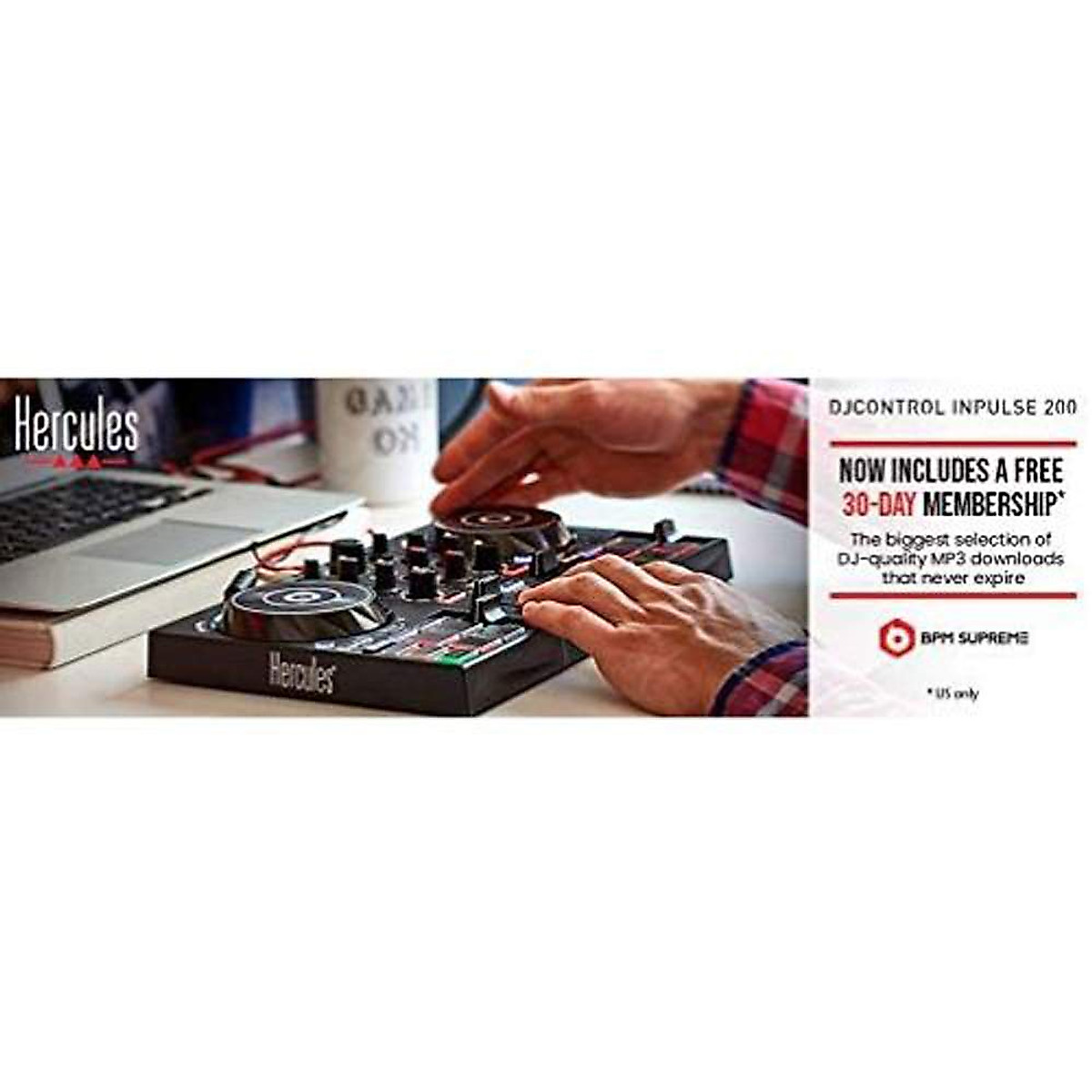 HERCULES AMS-DJC-INPULSE-200 DJControl Inpulse 200 2-Channel DJ Controller for DJUCED Bundle with Bytech Stereo Headphones DJ Style Headset (White)