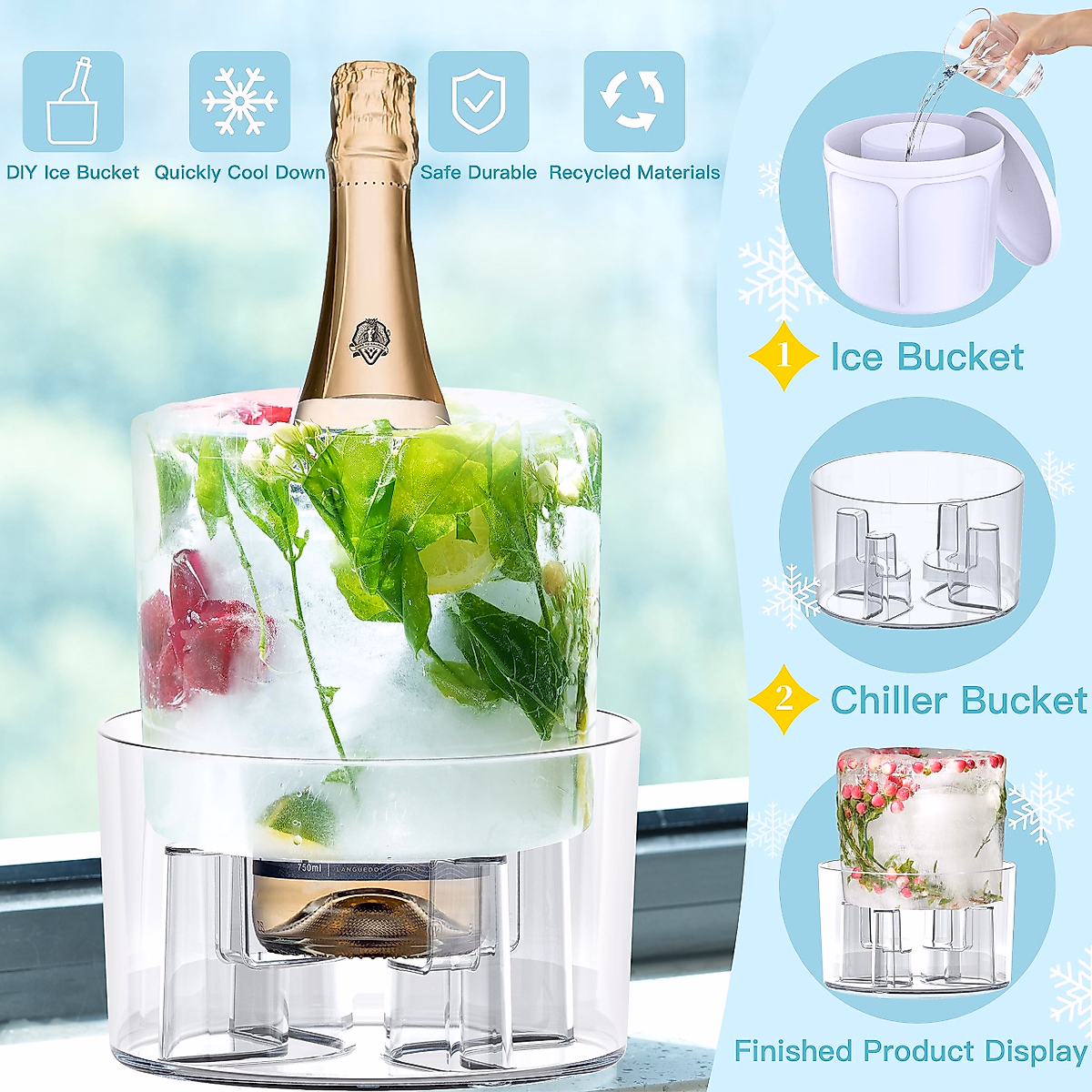 Ice Molds, Ice Bucket, Ice Mold Wine Bottle Chiller, DIY Champagne Cocktails Clear Bucket Freezer Chiller, Any Floral or Fruits Decoration for Party, Wedding and Celebration, Beautiful with Creative