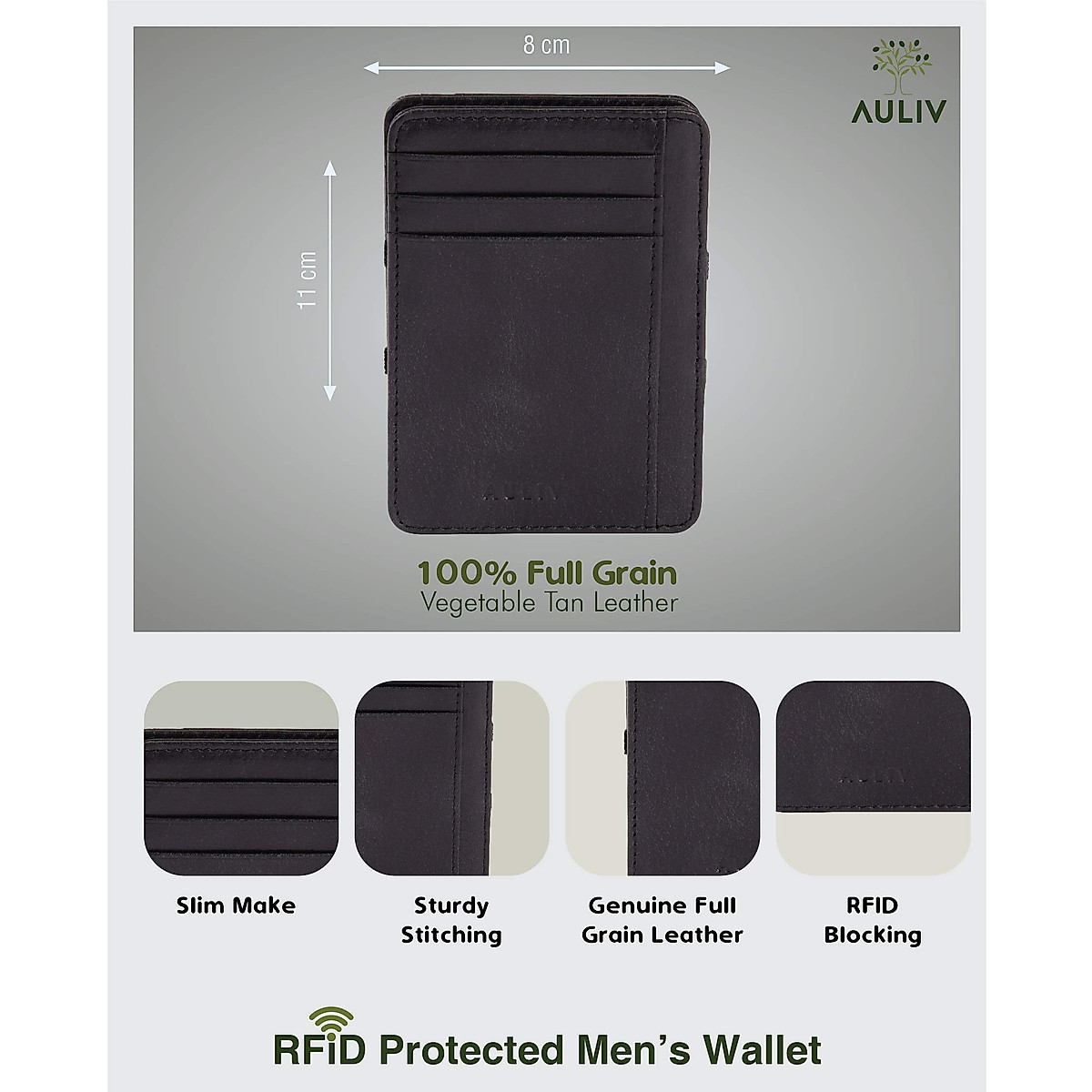 AULIV Card Holder Leather Magic Wallet RFID Blocking Slim Minimalist Front Pocket Credit Card Case for Men Women (Black)